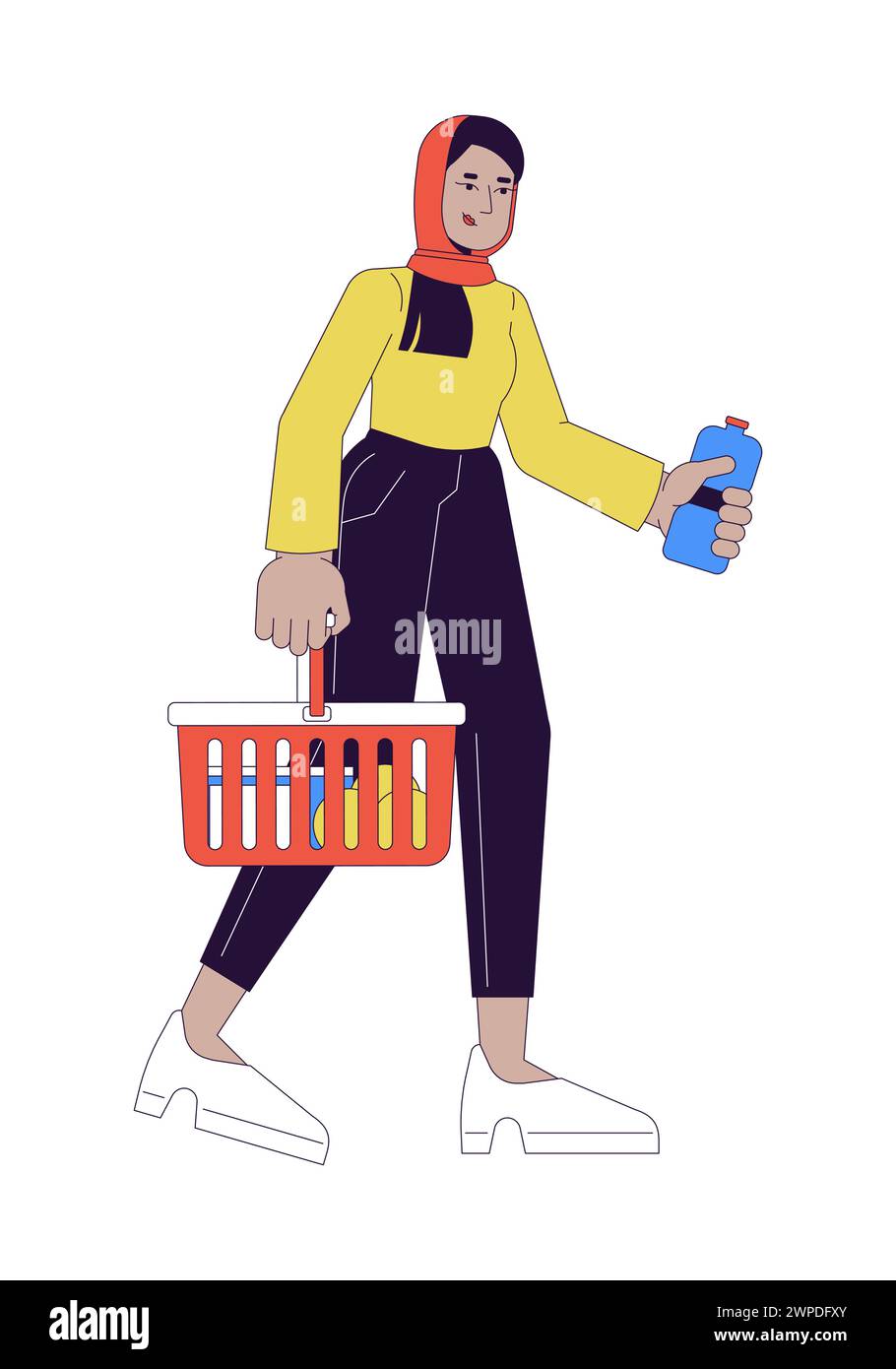 Muslim hijab woman with shopping basket 2D linear cartoon character ...