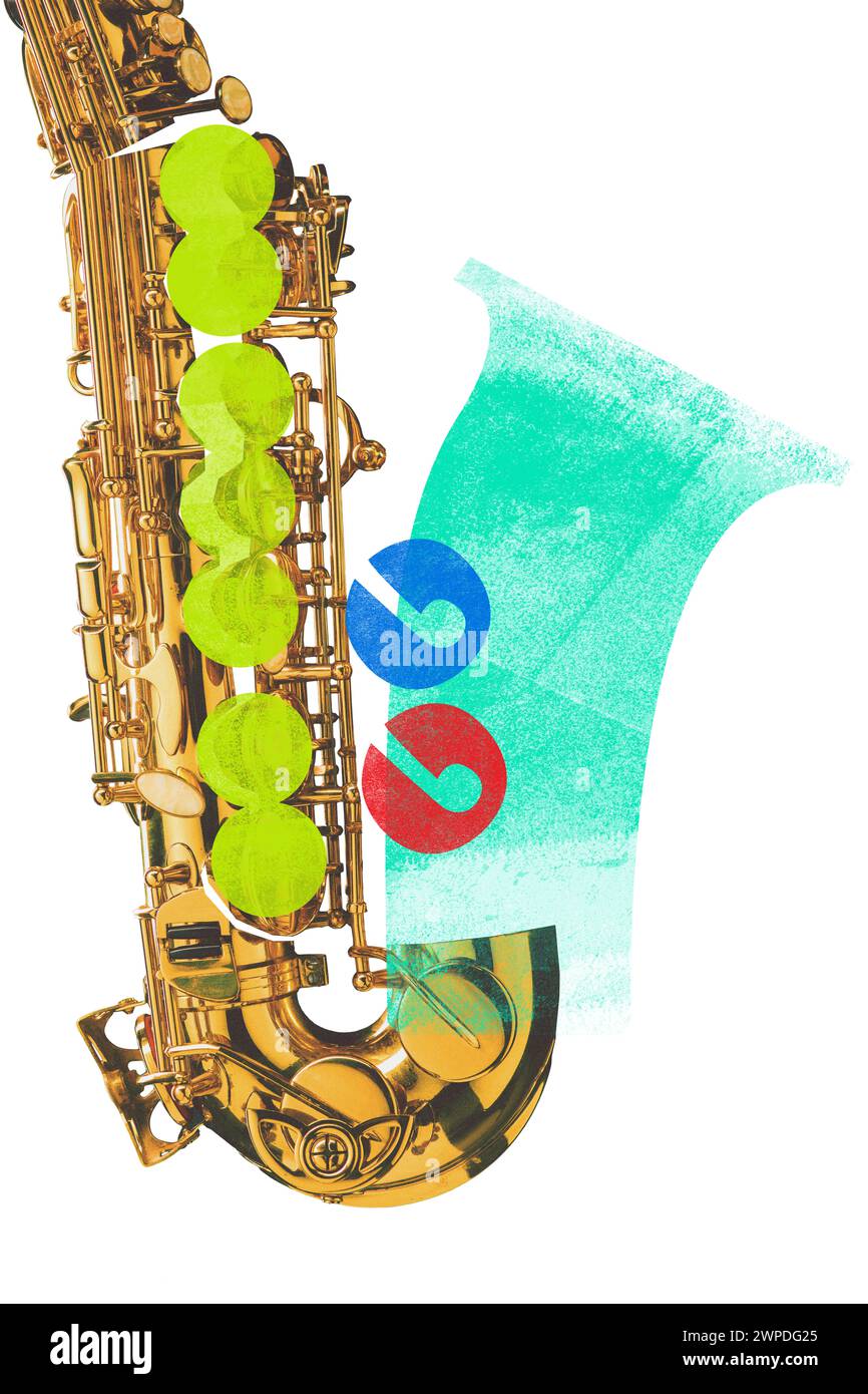 Poster. Contemporary art collage. Saxophone with abstract green bubbles ...