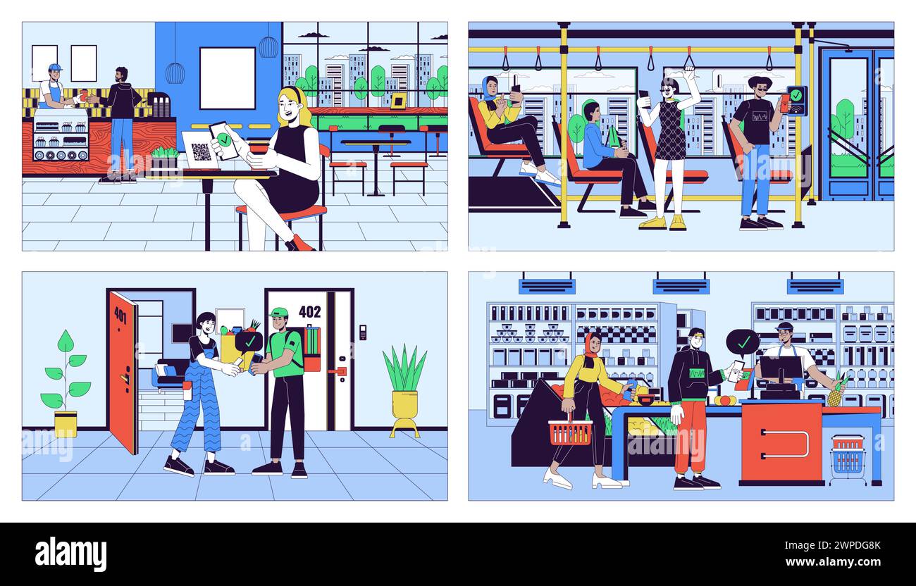 NFC technology everyday cartoon flat illustration set Stock Vector ...