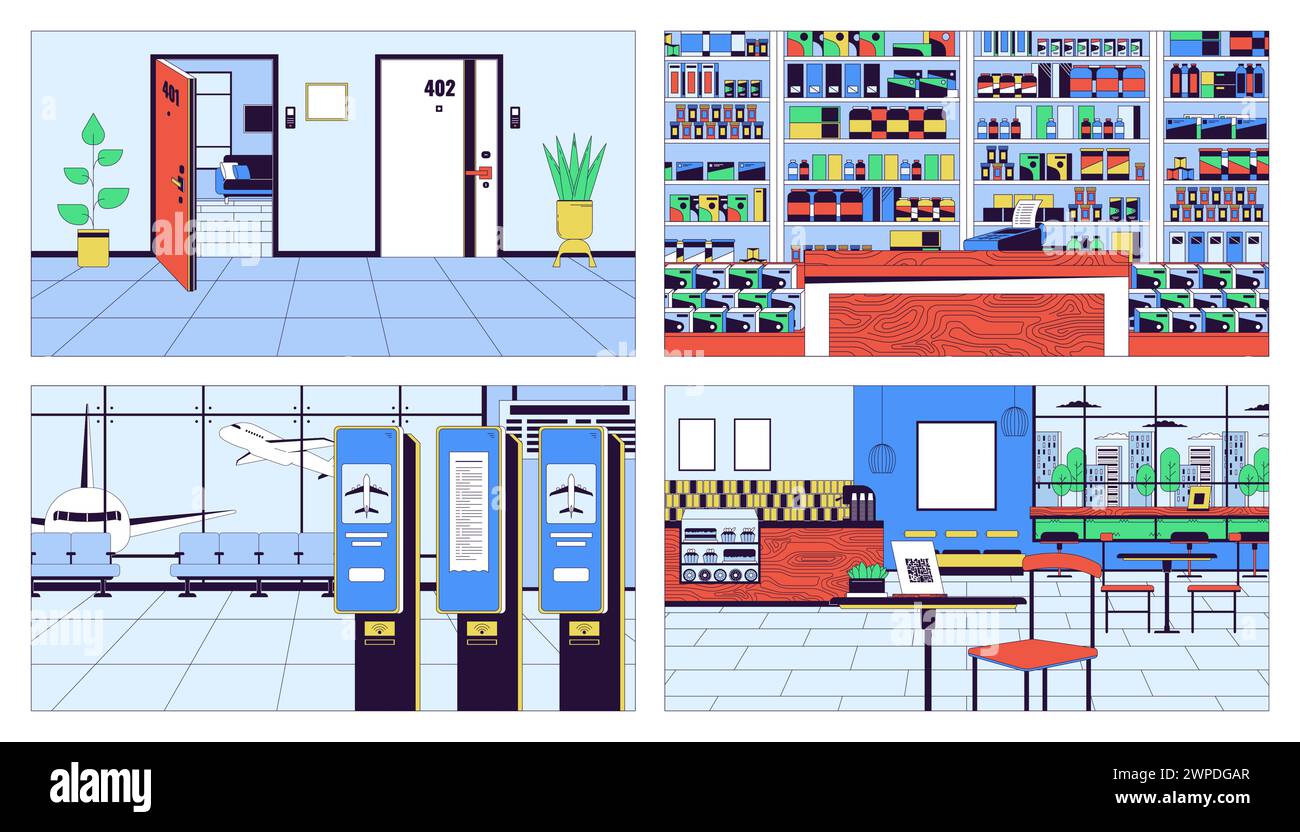 Public space indoors cartoon flat illustration set Stock Vector Image ...