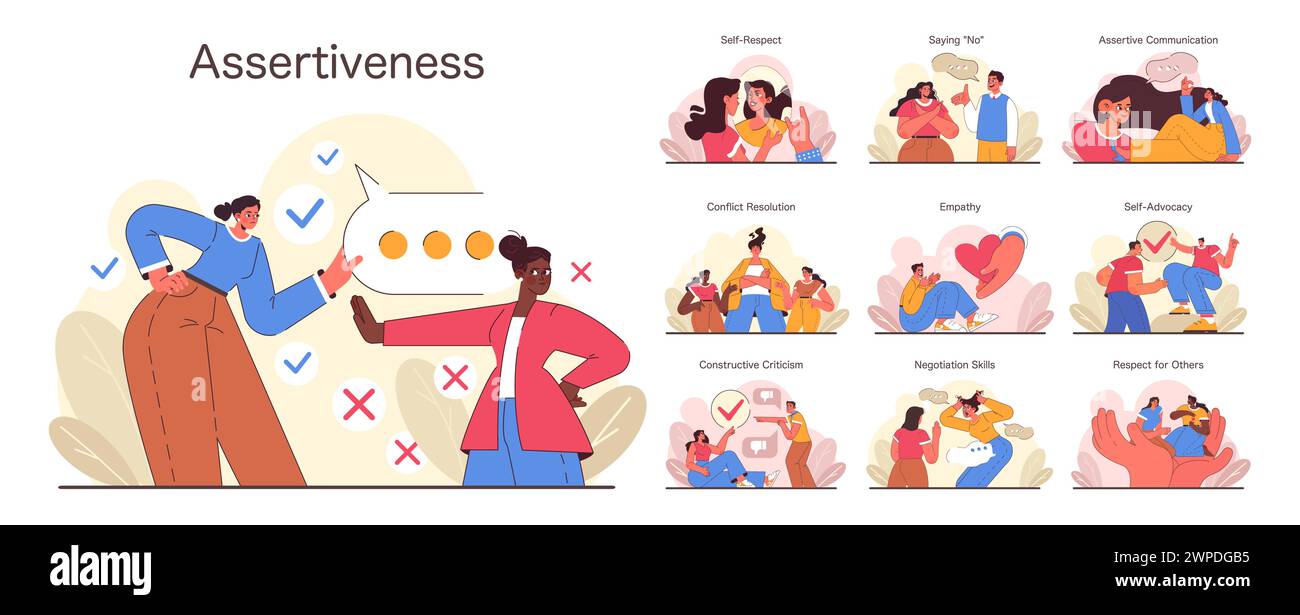 Assertiveness set. Characters display self-respect, conflict resolution ... Assertiveness set. Characters display self-respect, conflict resolution ...