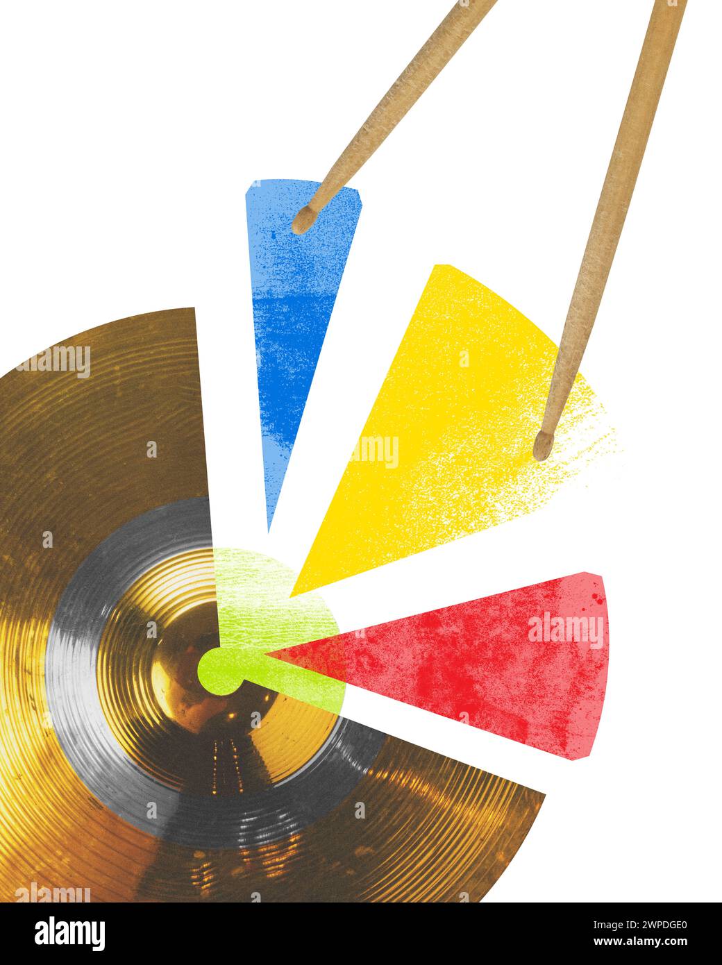 Poster. Contemporary art collage. Cymbal with drumsticks and abstract ...