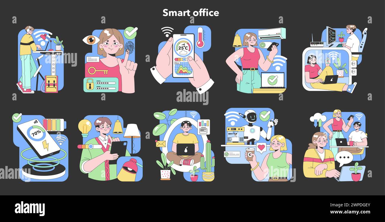 Smart office set. Employees interact with technology. Wireless charging ...