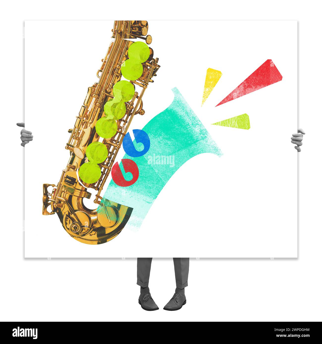 Poster. Contemporary art collage. Billboard with saxophone, colorful ...