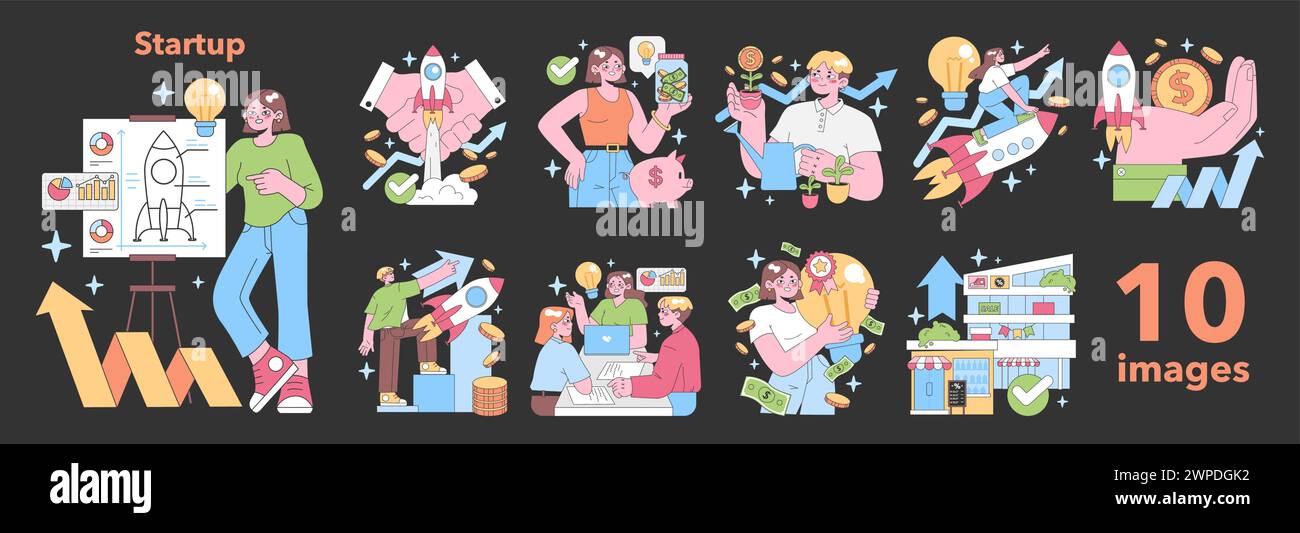 Startup set. Journey of a business idea. Rocket launch, financial ...