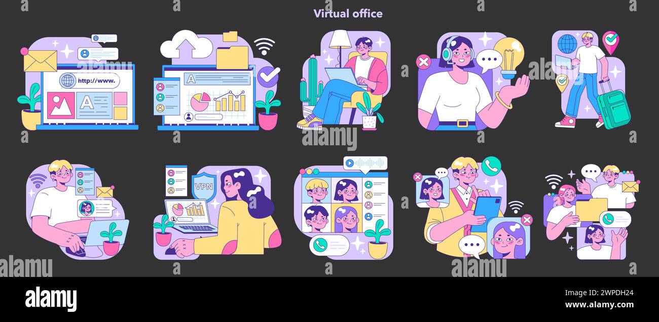 Virtual office set. Professionals engaging in online tasks. Website ...
