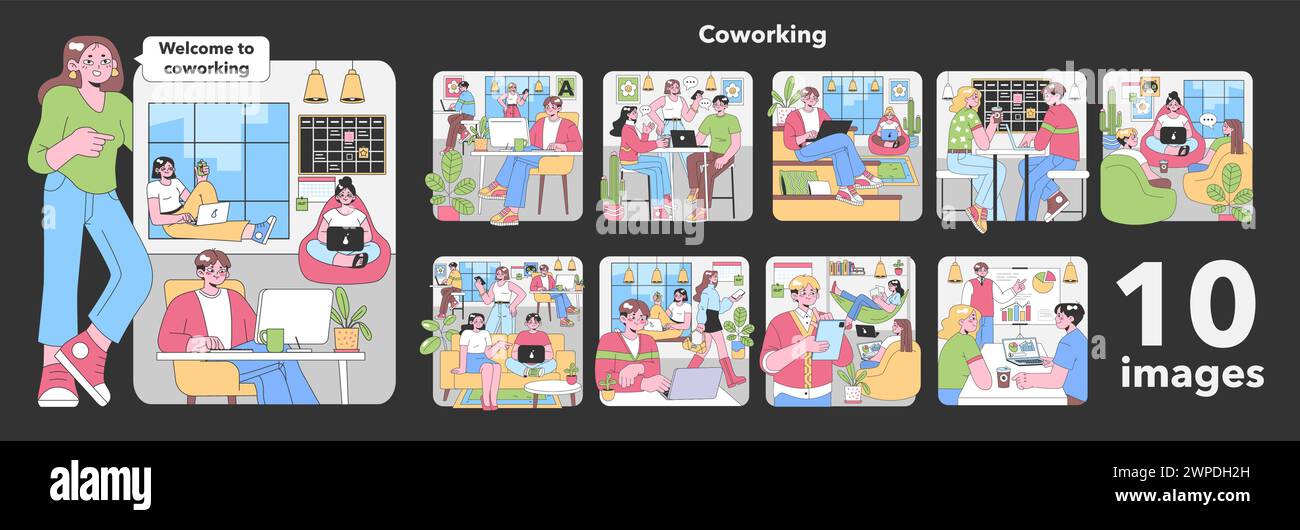 Coworking set. Modern shared workspace scenes. Freelancers networking ...