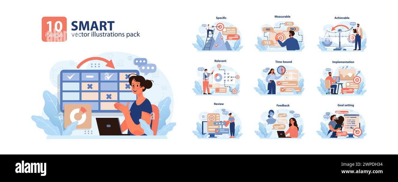 SMART goals set. Visual guide for effective planning. Characters ...