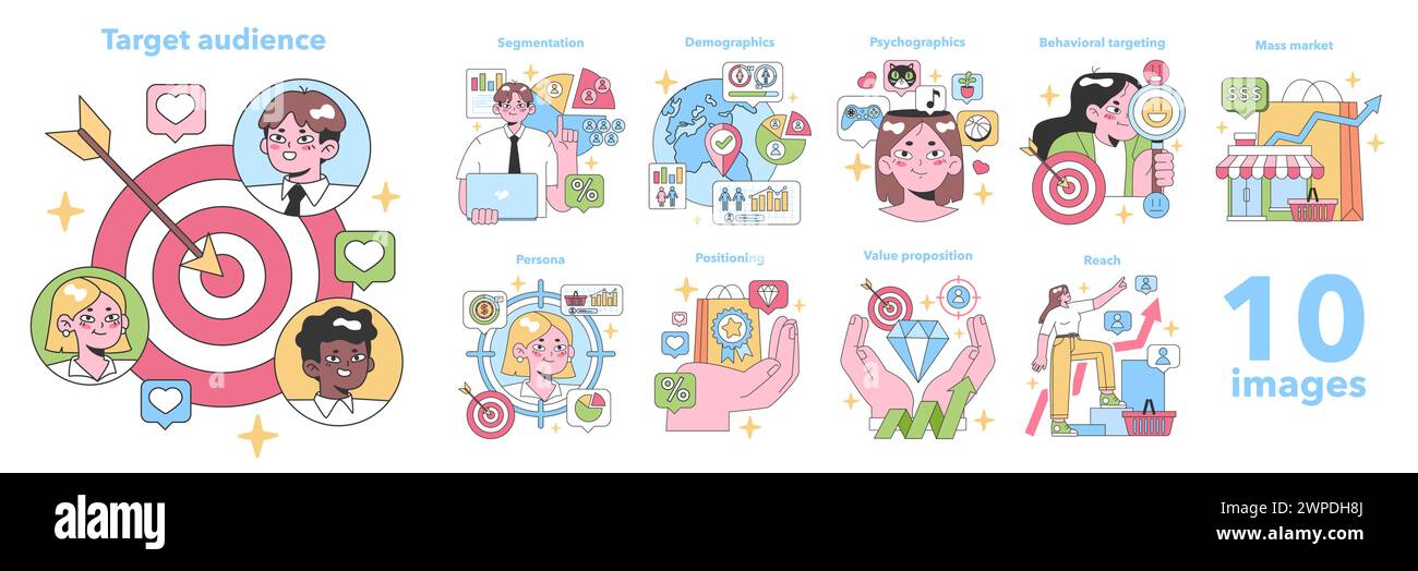 Marketing Strategies set. Engaging visuals for target audience analysis. Segmentation ...