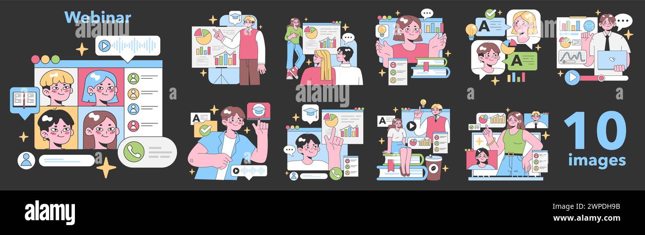 Webinar set. Engaging online education scenes with diverse participants ...