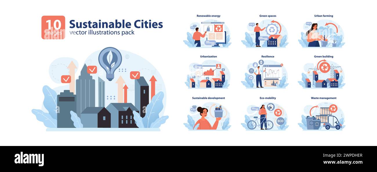 Sustainable Cities set. Modern urban solutions and green innovations ...