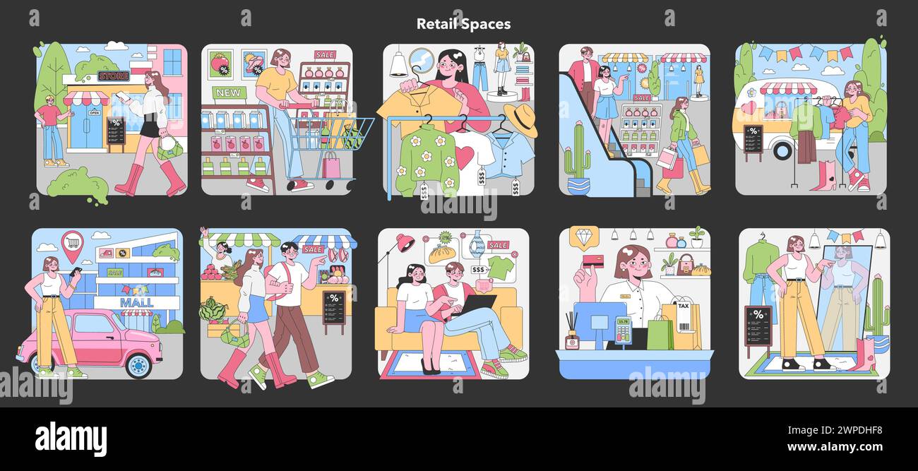 Retail Spaces set. Shoppers exploring city stores, checking out deals ...