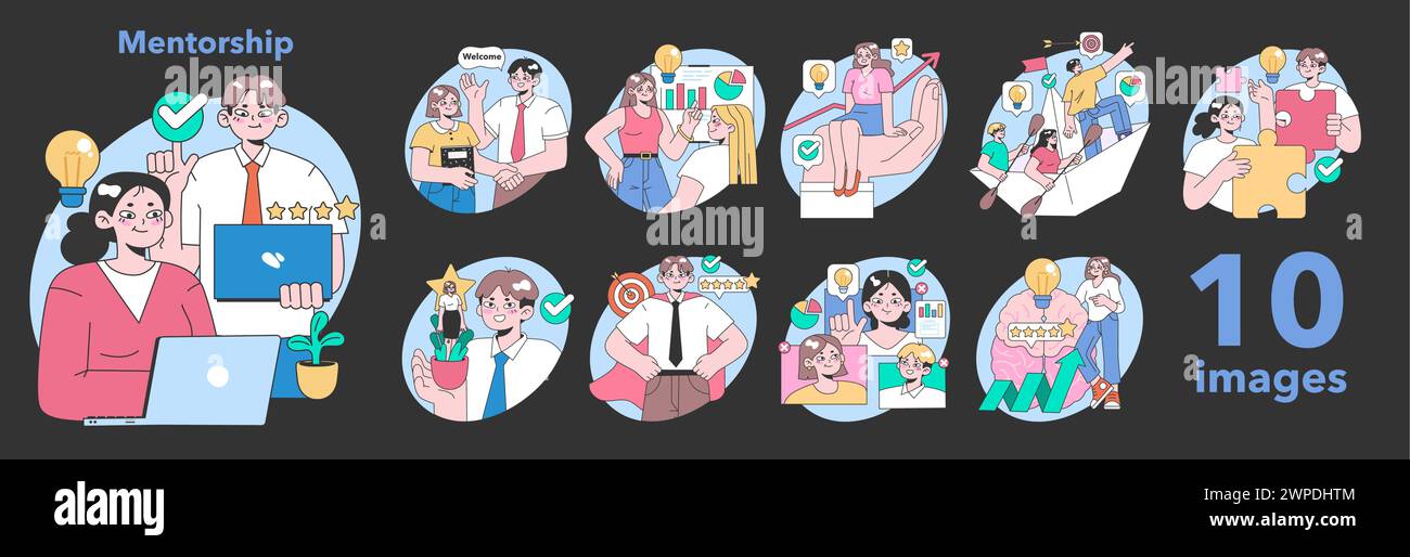 Mentorship set. Professionals guiding newcomers. Achieving goals ...