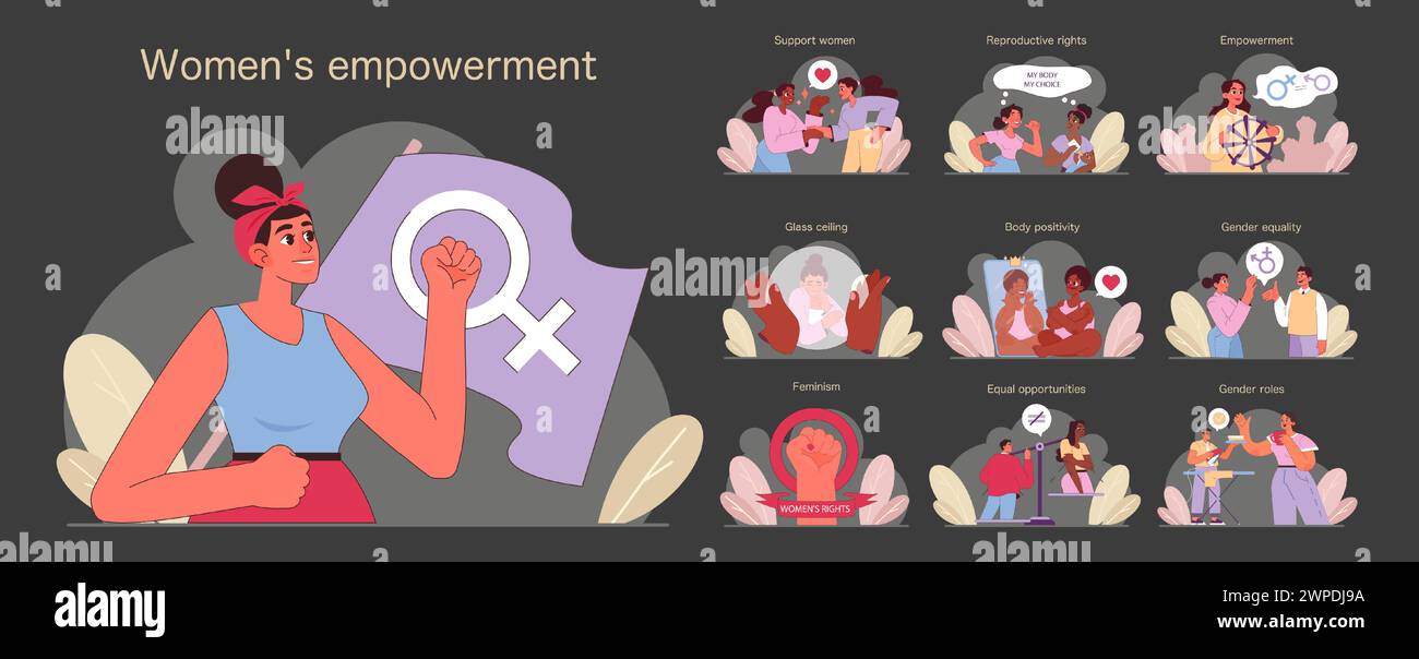 A confident woman showcases various scenes of empowerment, from gender ...