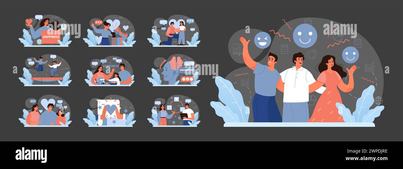 Happiness set. Joyful individuals expressing positive emotions. Dancing ...