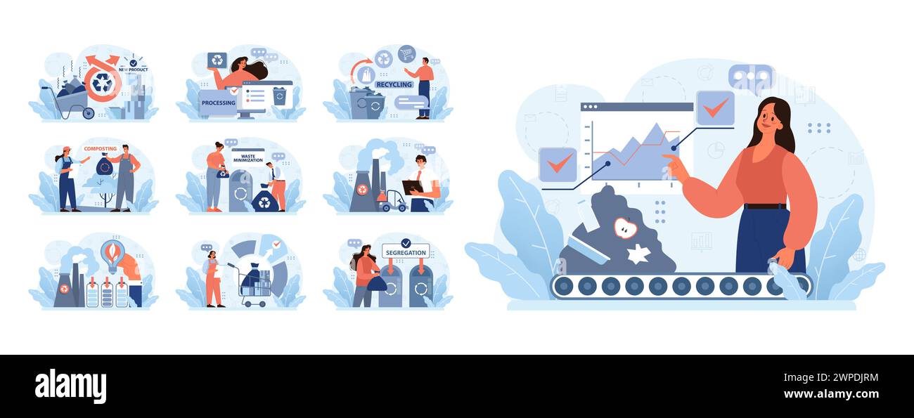 Waste Management set. Professionals demonstrate recycling processes ...