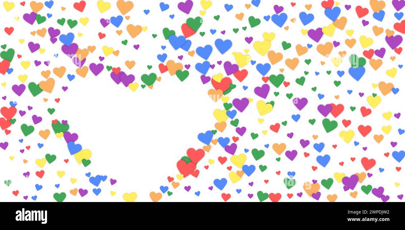 Flying hearts for valentine's day. Rainbow colored scattered hearts. LGBT valentine card ...