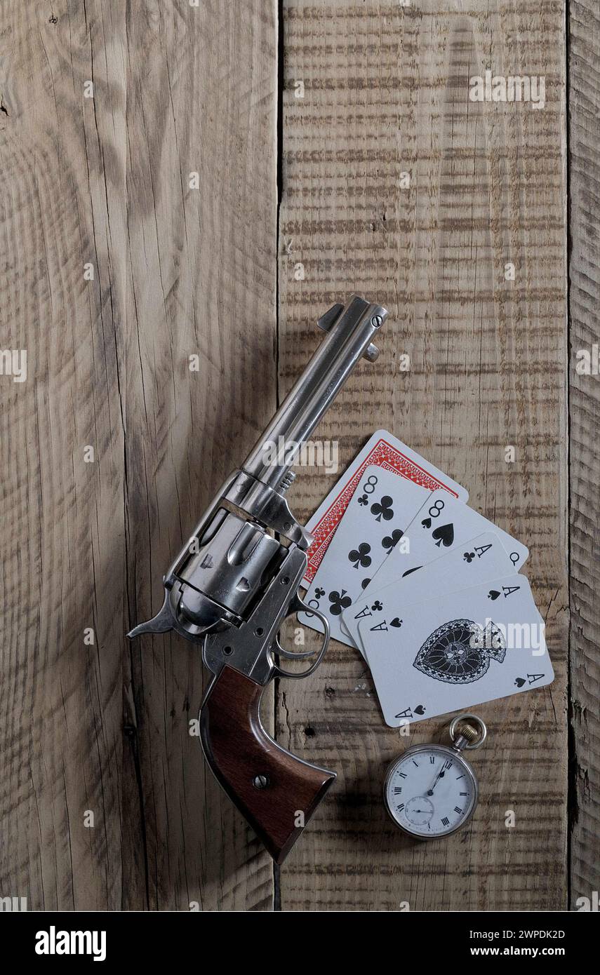 Dead mans hand playing cards aces and eights on wooded background. With ...