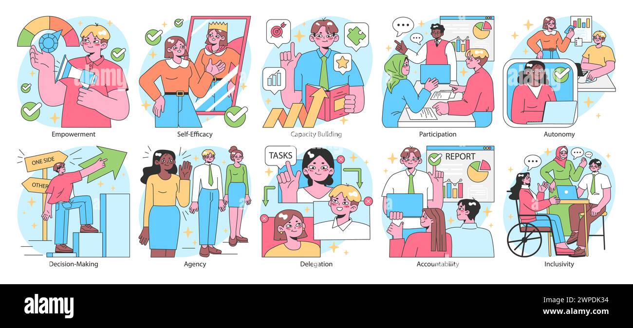 Empowerment set. Confident office employees, inclusive team ...