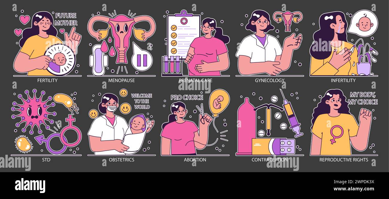 Reproductive health dark or night mode set. Pregnancy monitoring and ...