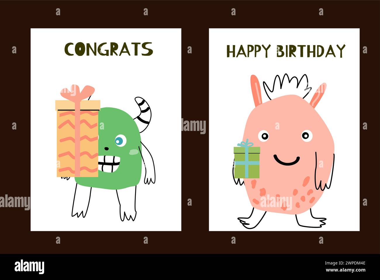 Set of birthday baby posters with cute monsters. Vector illustration ...