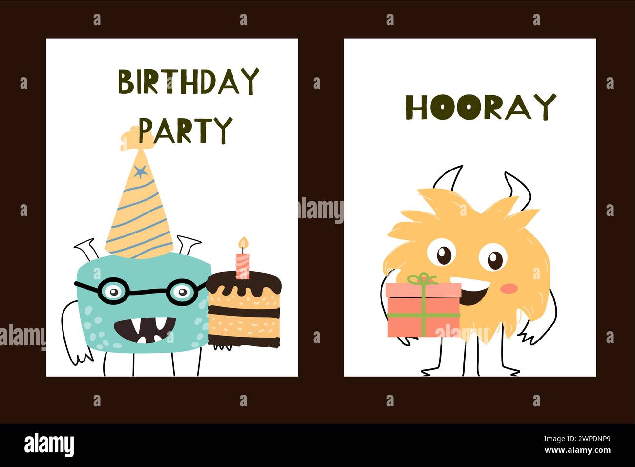 Set of posters with cute monsters for party. Vector illustration can ...