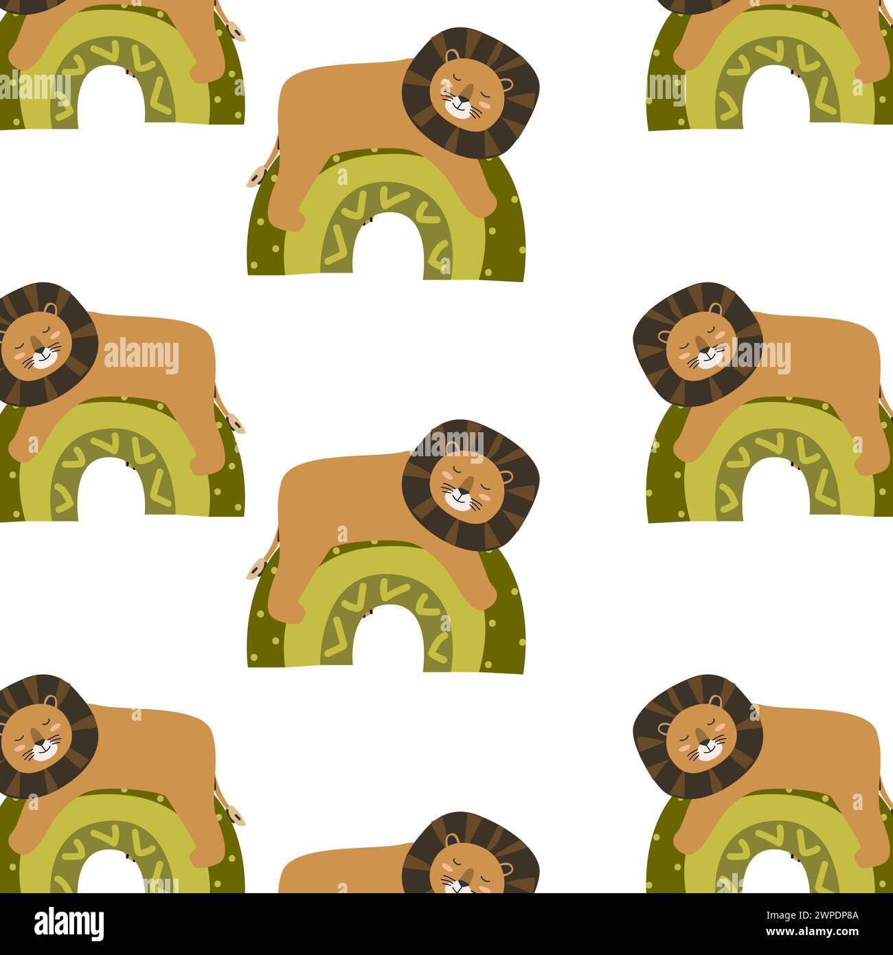 Seamless pattern with cute lions on rainbow childish. Vector ...