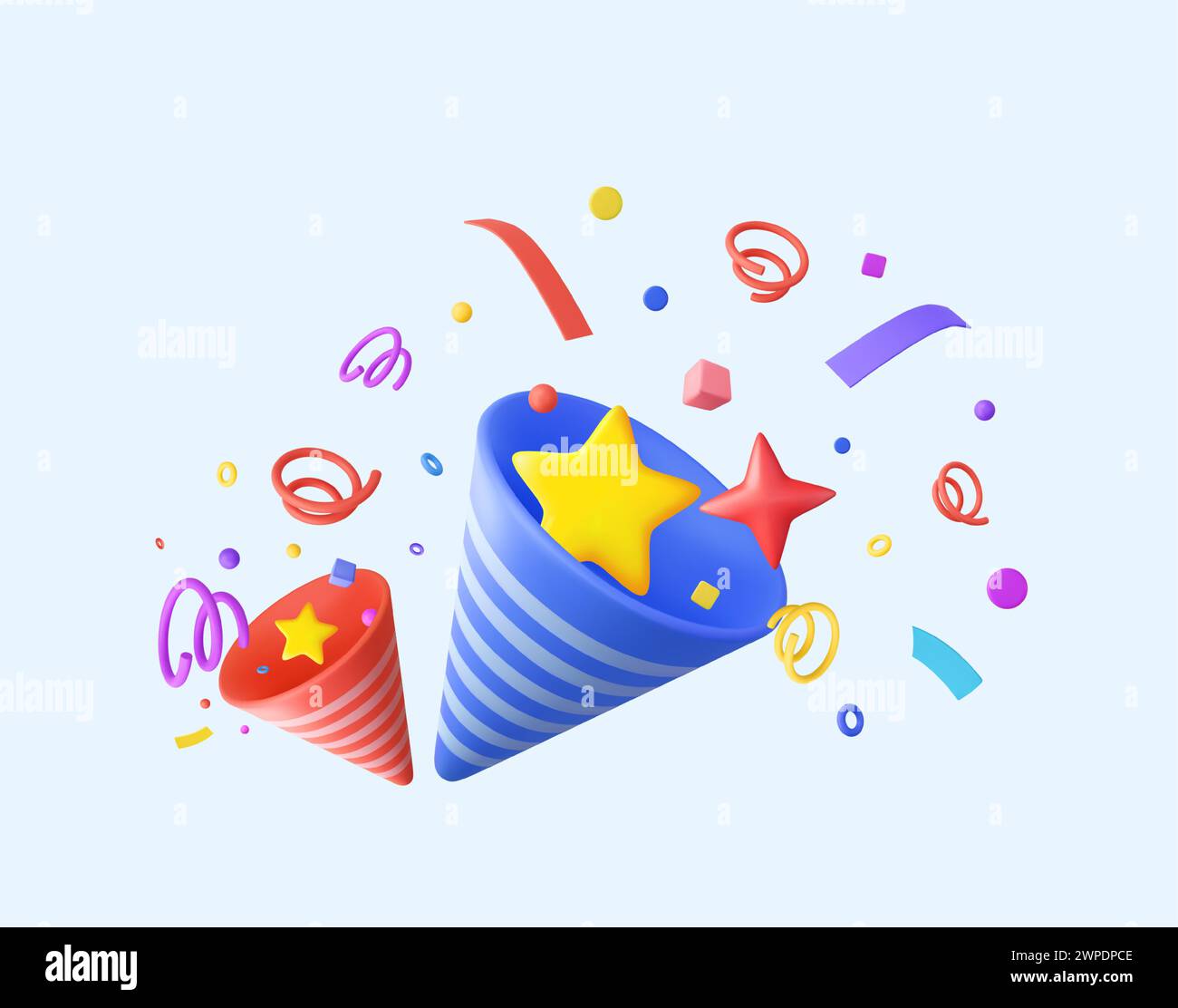 3D two Party popper with explosion confetti. Birthday surprise ...