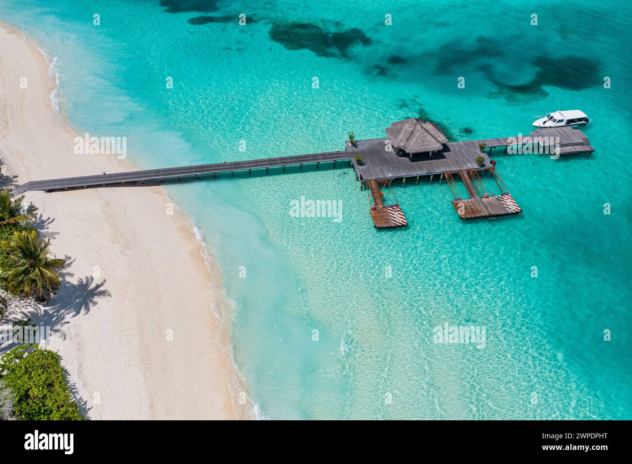 Aerial view of beautiful white sand beach and palm trees. Luxury beach ...