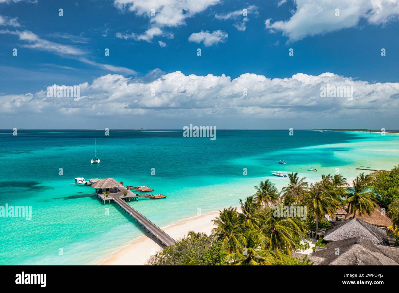 Aerial view of beautiful white sand beach and palm trees. Luxury beach ...