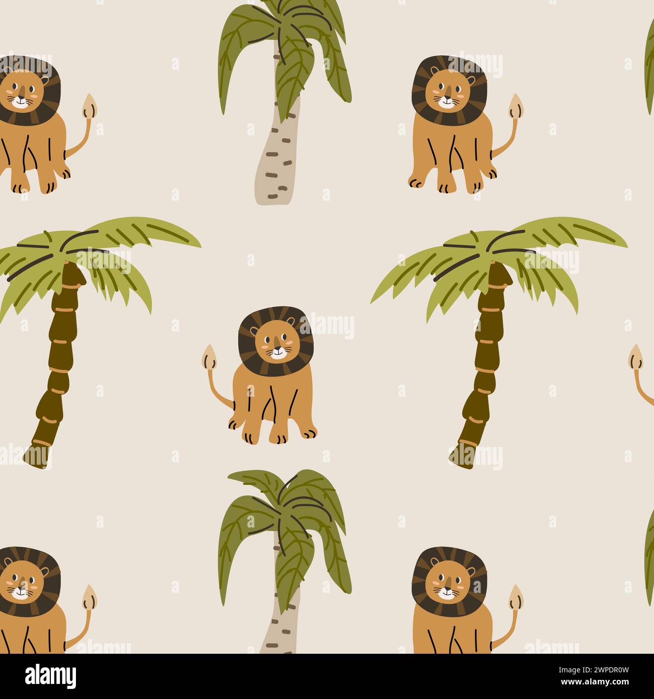 cute wild tropical animal lion sitting and palm seamless pattern ...