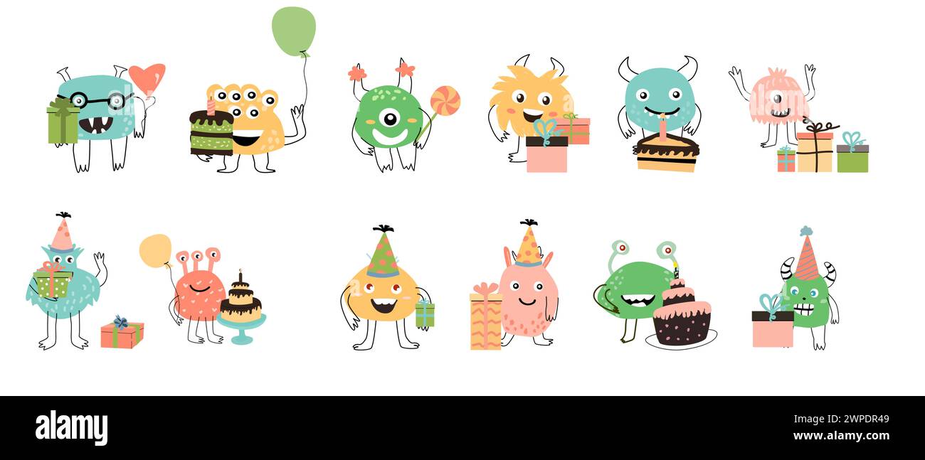 Cute monster for anniversary birthday holiday - big set. Vector ...