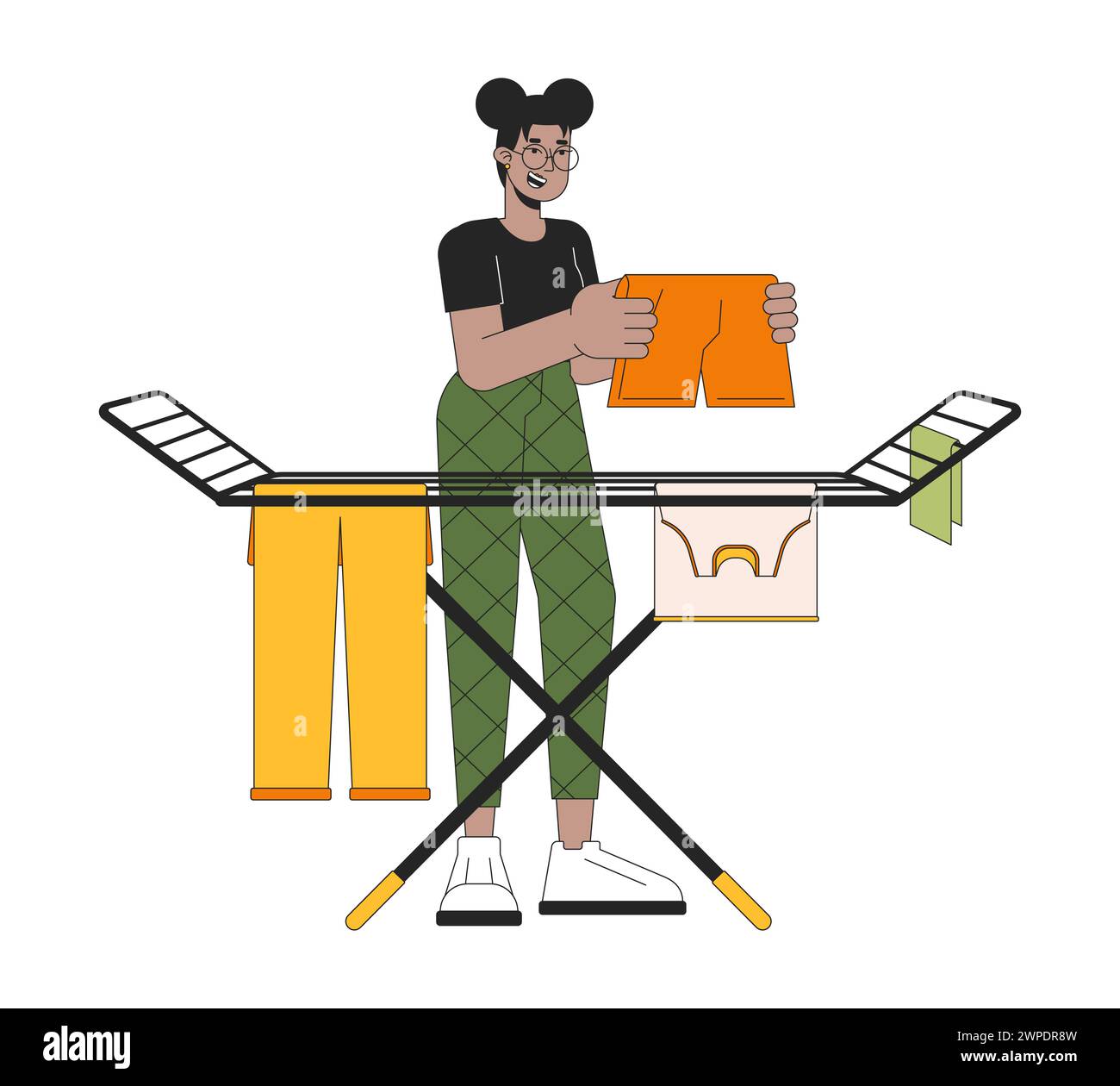 Laundry hanging on rack line cartoon flat illustration Stock Vector ...