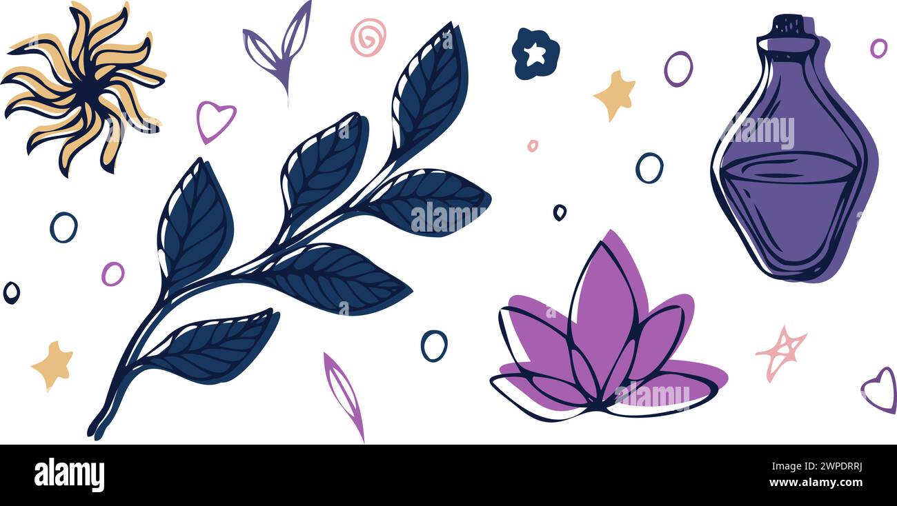 vector bottle with potion, leaves, lotus flower, sun and starts, hearts ...