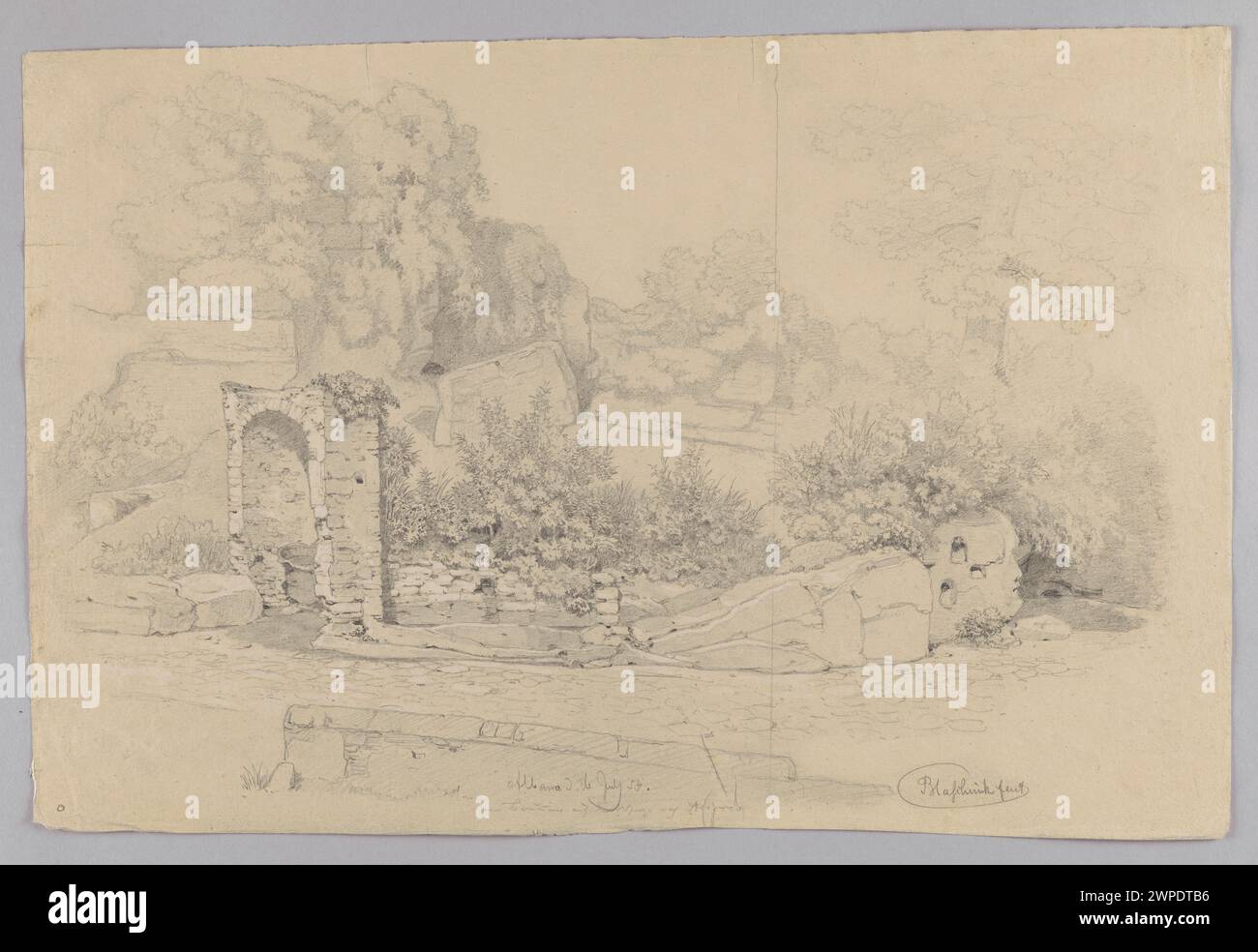 Painting showing rock grottos and architectural ruins in Albano ...