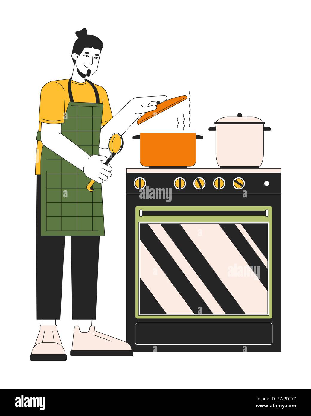 Covering pot with lid while cooking line cartoon flat illustration ...