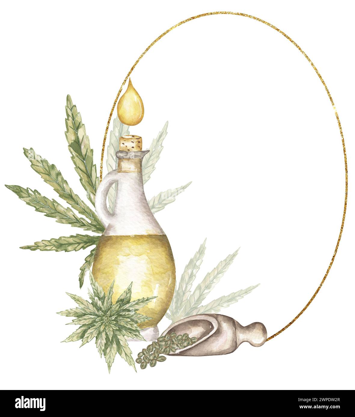 Watercolor Cannabis oil and seeds wreath illustration, marijuana leaves ...