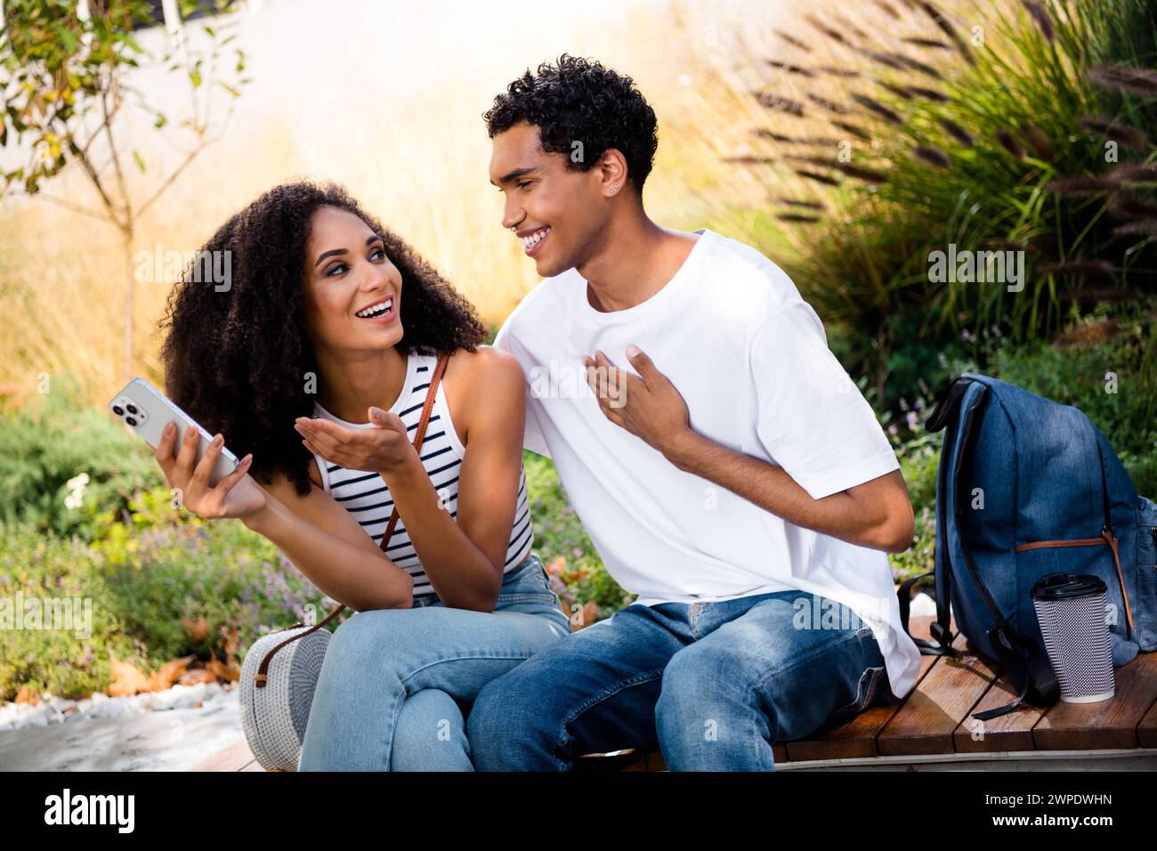 Photo of two people buddies guy lady have fun on together spring ...