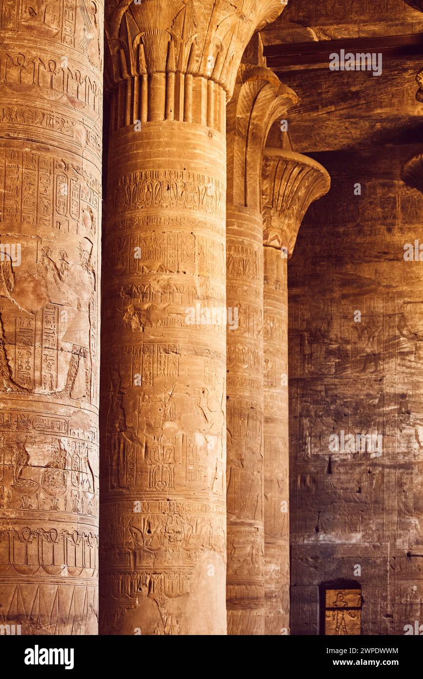 Interior of ancient temple in Egypt. Pillars with Egyptian hieroglyphs ...