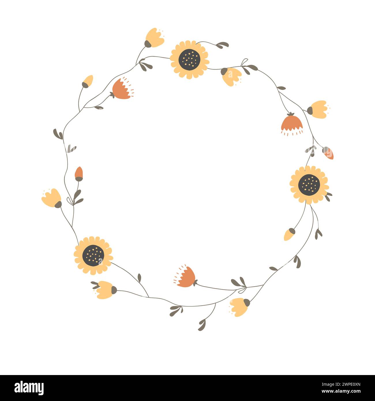 Elegant wavy flower wreath frame. Scandinavian flowers border for ...