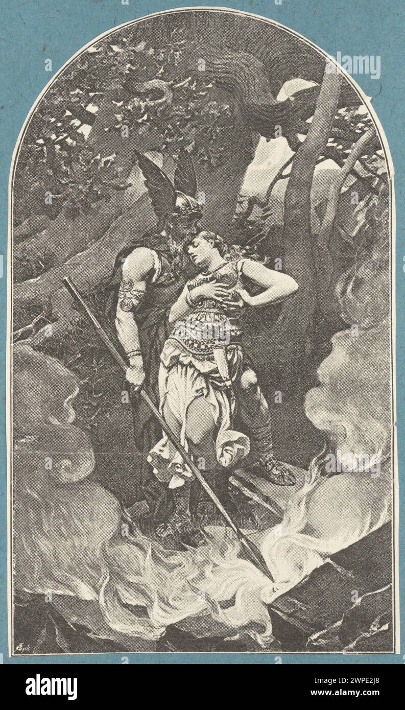 Illustration of Odin wearing a winged helmet with a spear and Freja ...