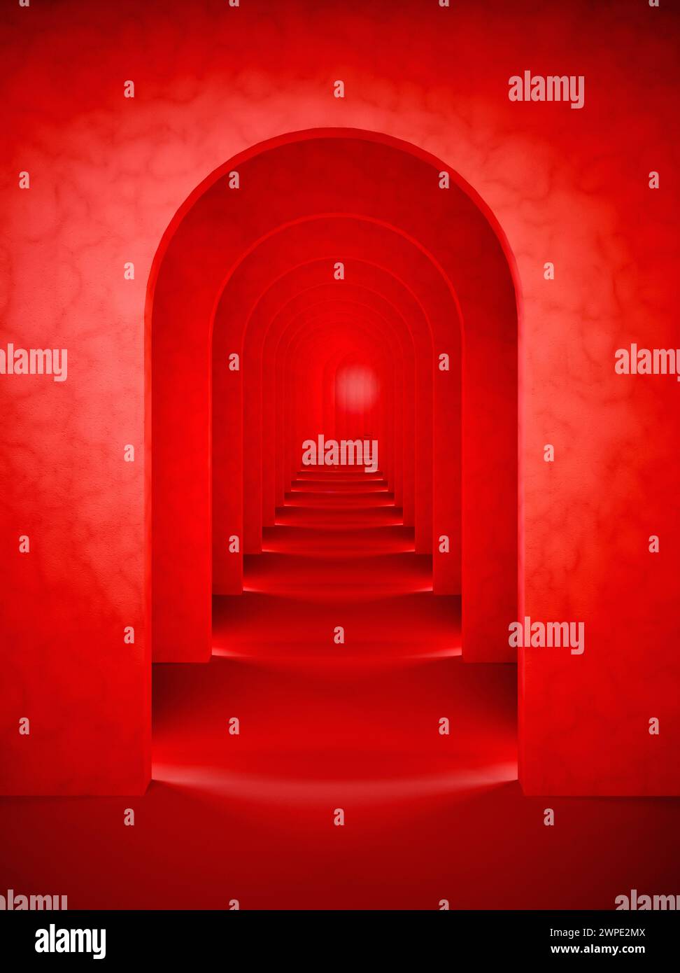 Red abstract surreal 3d render. Surrealistic arch corridor red ...