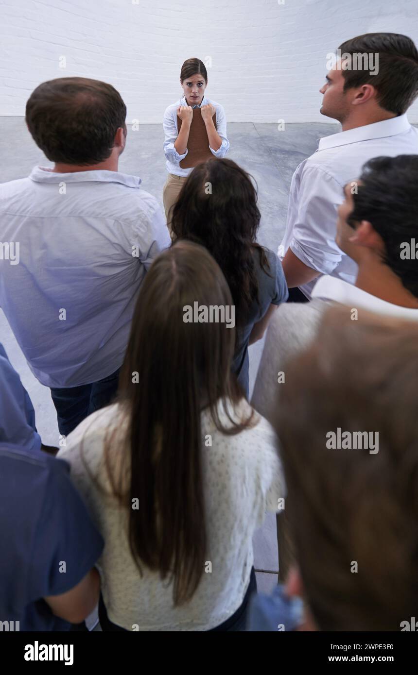 Fear, woman and coworkers for blame, judge and compliance in company ...