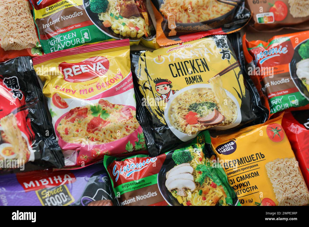 KYIV, UKRAINE - OCTOBER 31, 2023 Many packs of instant noodles for fast ...