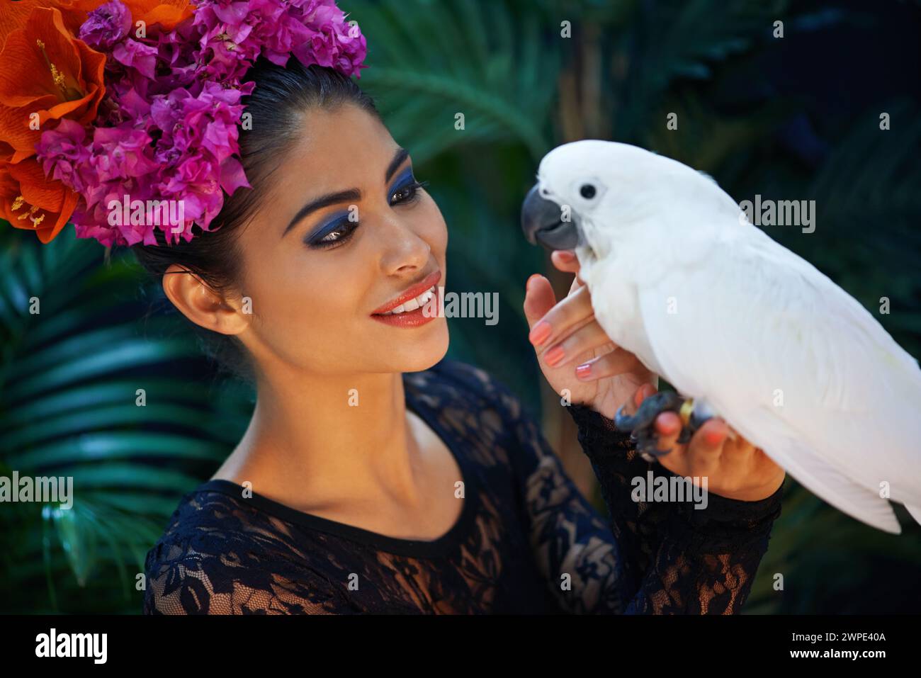 Jungle, bird or woman with flowers or parrot, natural cosmetics for ...
