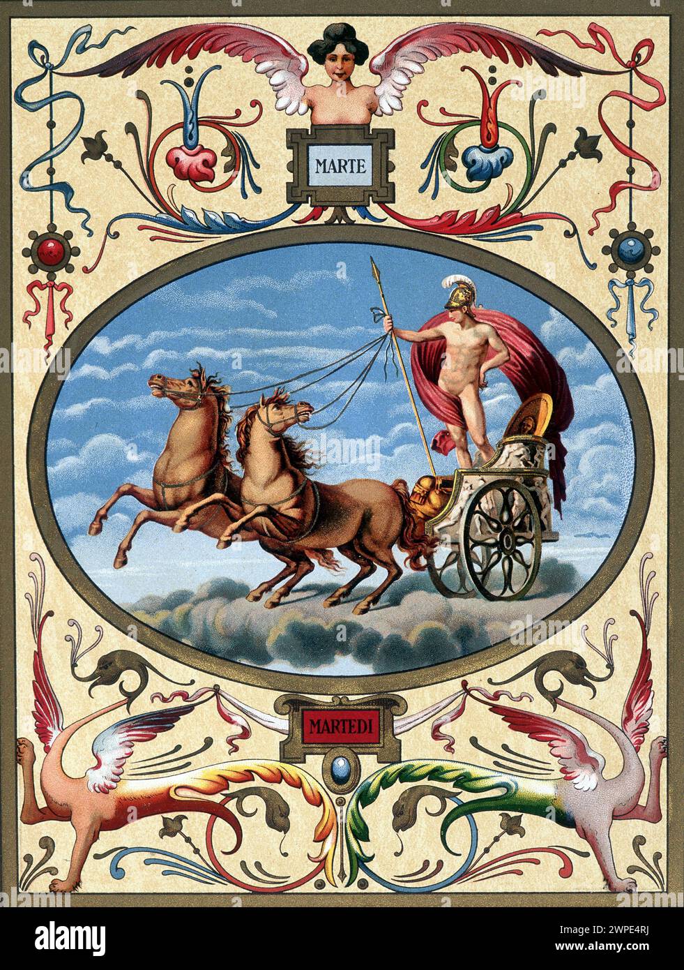 Allegory of Tuesday: Mars in a chariot drawn by 2 horses ...