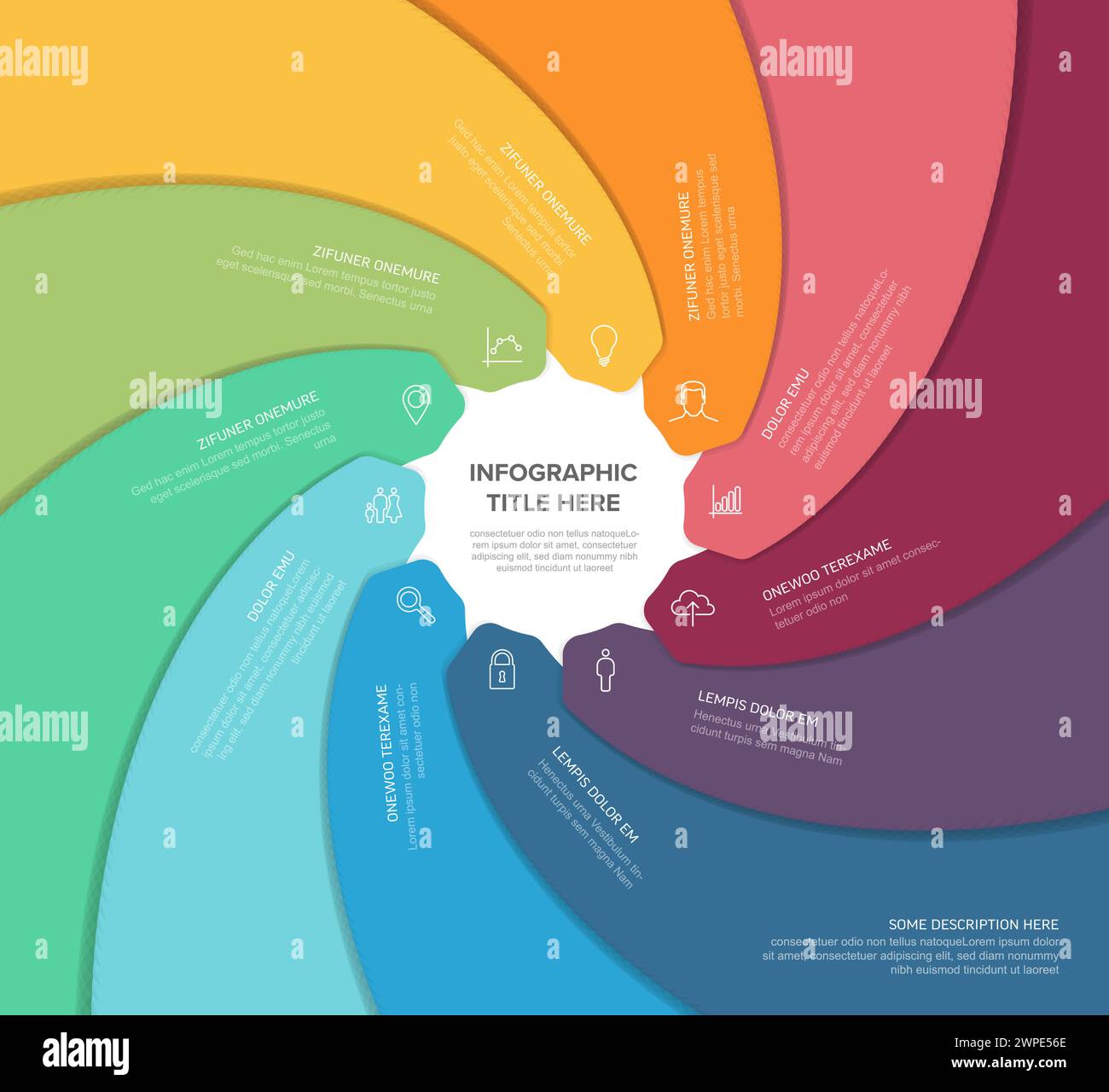 Ten rainbow color block elements in circle spiral design multipurpose ...