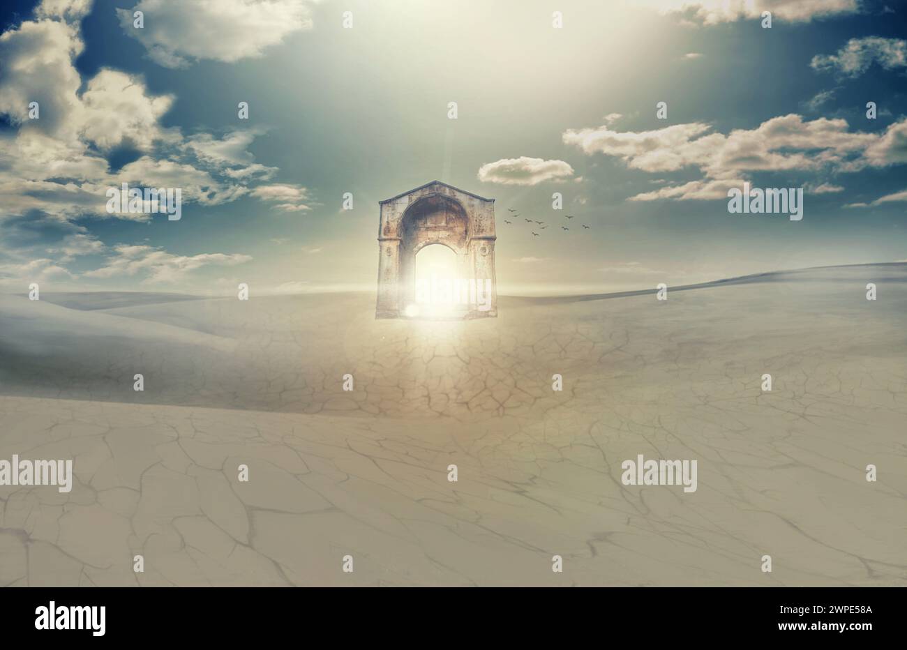 Desert, gateway and light for heaven with sky to eternity or guide to ...