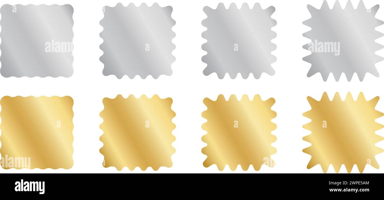 Set of silver and gold square stickers with wiggle borders. Shining ...
