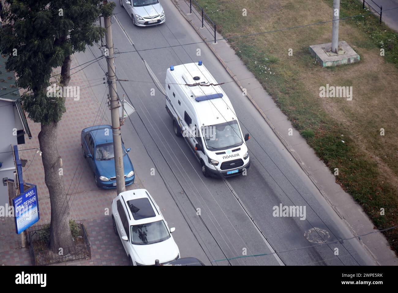 TERNOPIL, UKRAINE - JULY 7, 2023 Ukrainian patrol police white car with ...